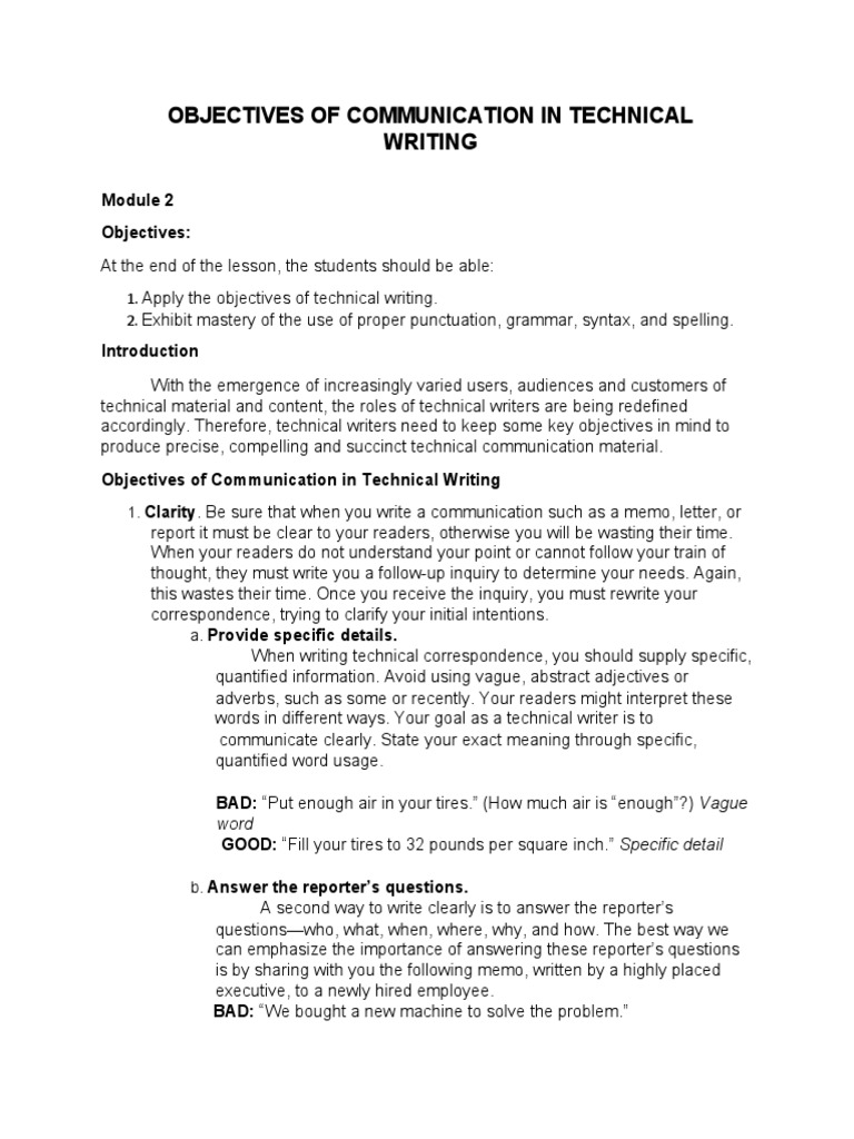 UNIT 1 - Module 2 Objectives in Communication in Technical Writing ...