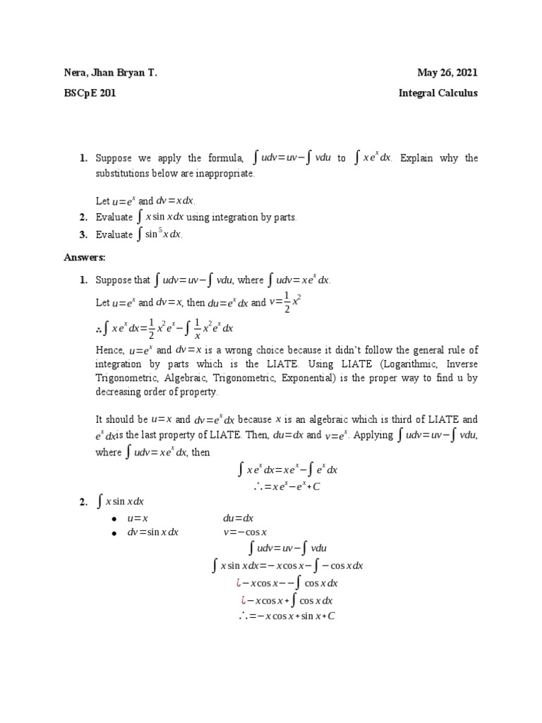 An In-Depth Examination of Integration Techniques: Applying Integration by Parts and Evaluating ...