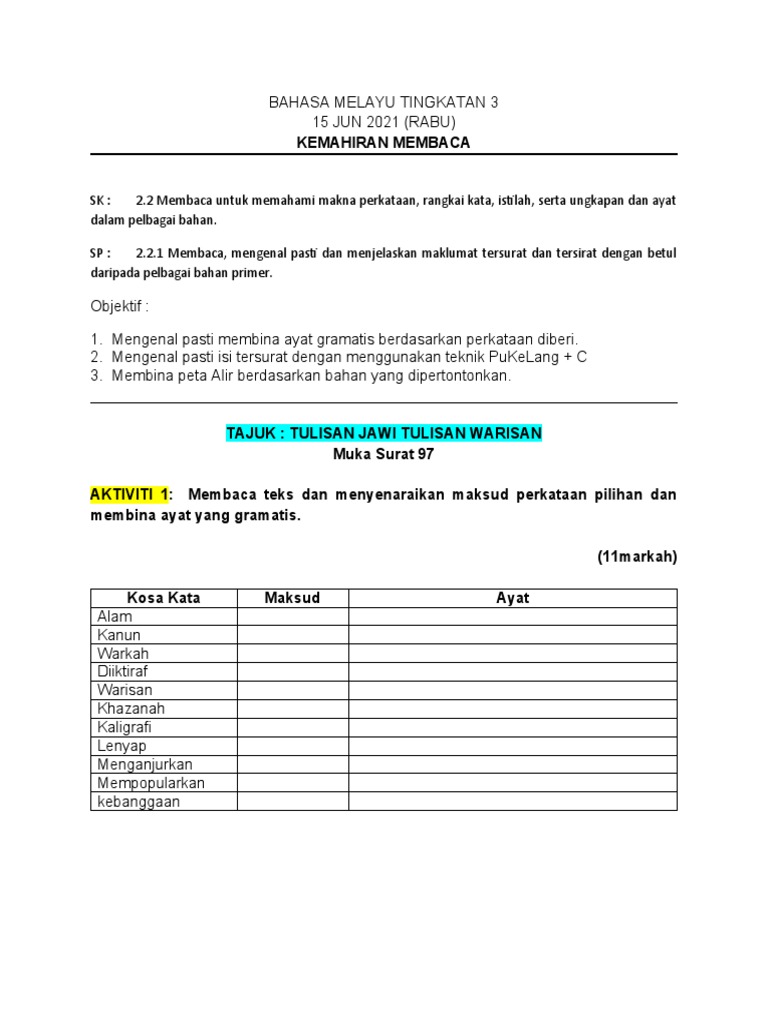 BM - T3 16 Jun - Tulisan Jawi Tulisan Warisan - K.membaca | PDF