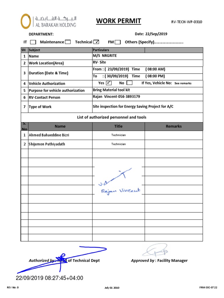 Work Permit: IT Maintenance Technical P FM Others (Specify) | PDF