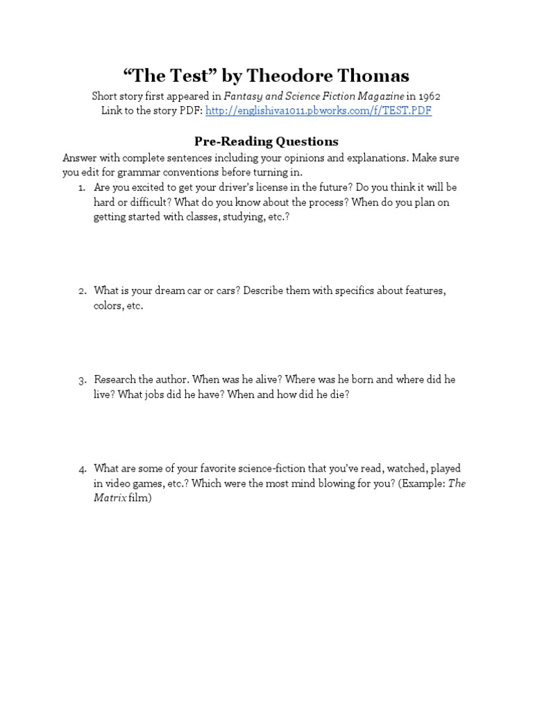 "The Test" by Theodore Thomas: Pre-Reading Questions | PDF | Science ...