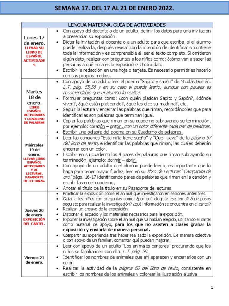Actividades Educativas del 17 al 21 de Enero | PDF | Artes del Lenguaje ...