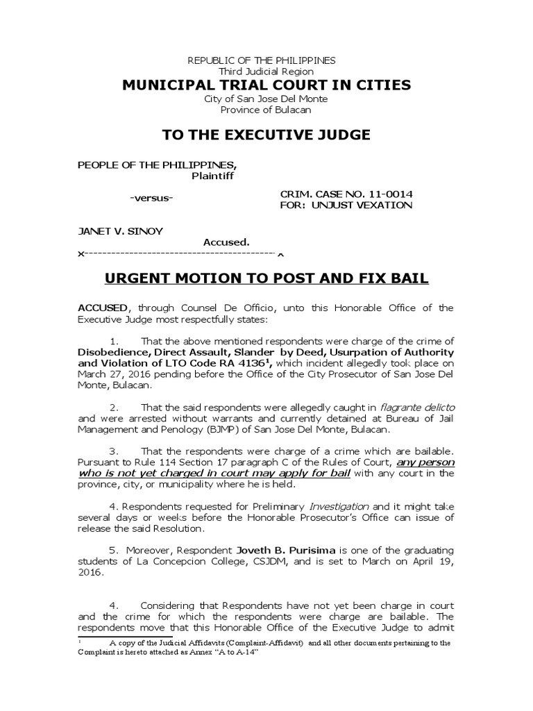 Motion To Fix Bail - ARROGANTE | PDF | Bail | Prosecutor