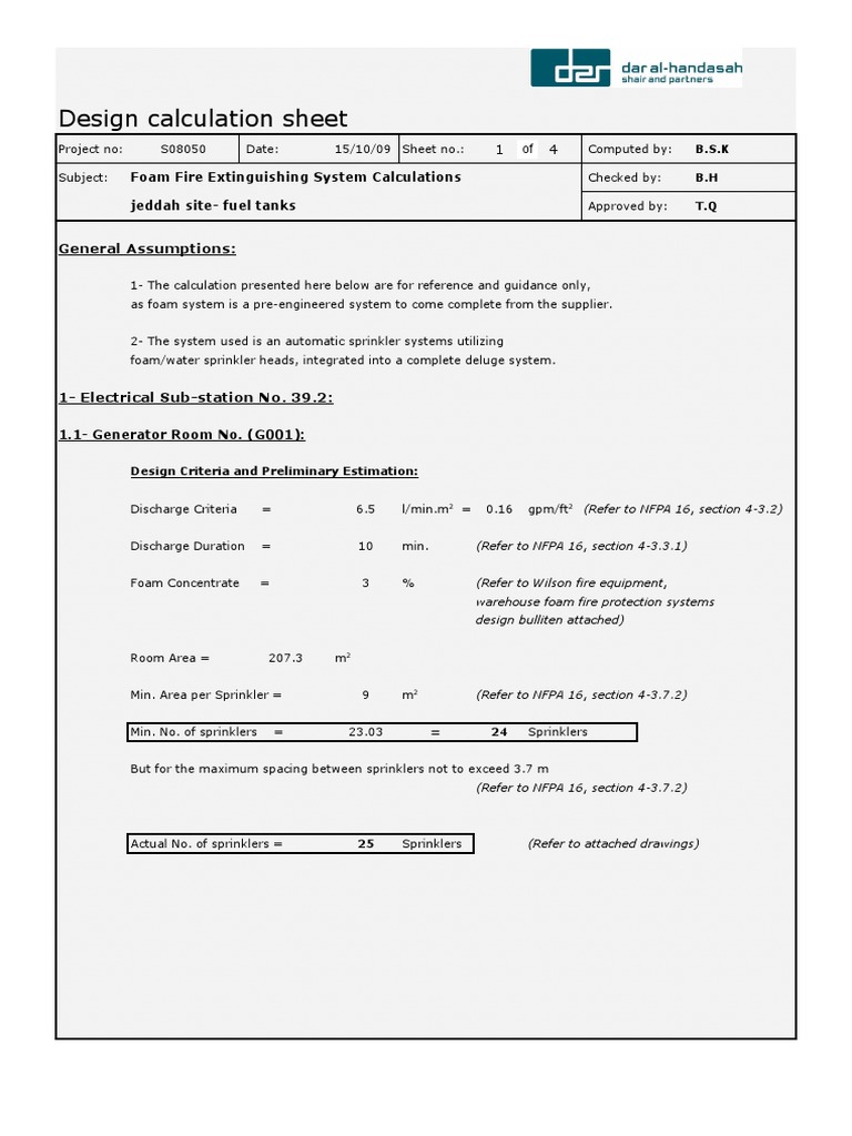 Foam Fire Extinguishing System Design Calculations for Electrical ...