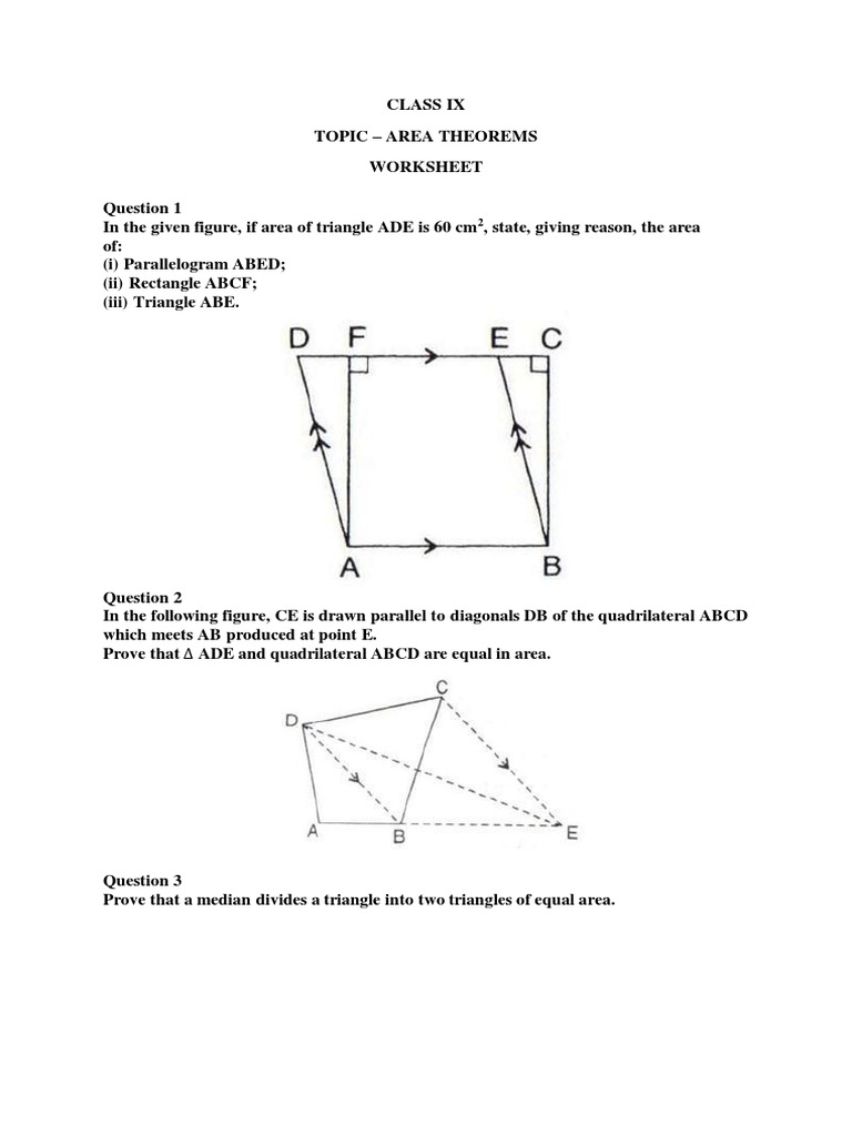 Class 9 Area Theorems Worksheet | PDF