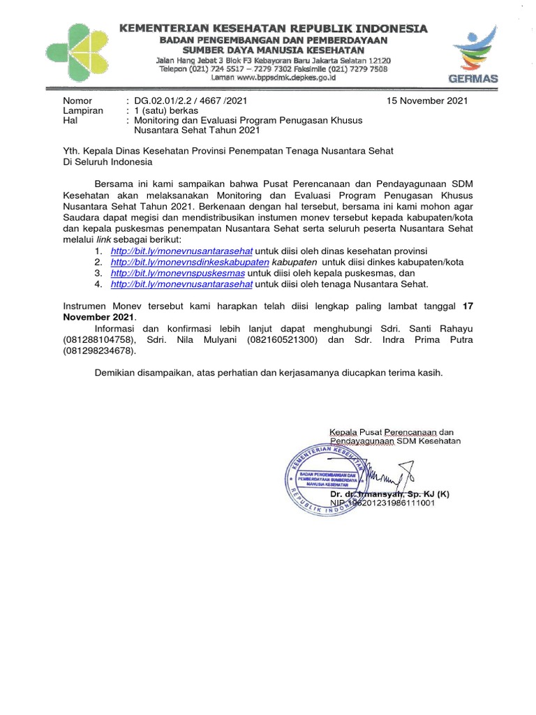 Surat Ke Dinkes Prov - Monev 2021 ALL LOKUS PENEMPATAN | PDF