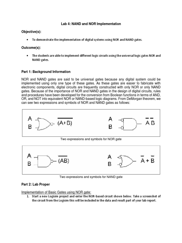 Lab 4 - NAND and NOR Implementation | PDF | Logic Gate | Digital Electronics
