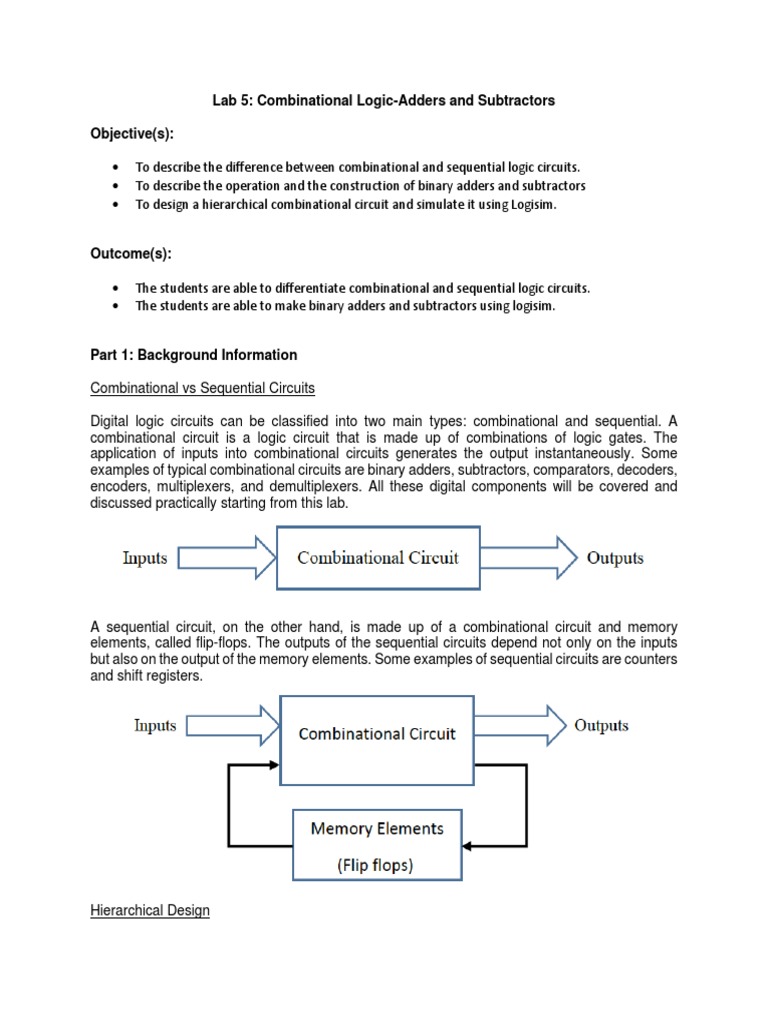 Lab 5 - Combinational Logic-Adders and Subtractors | PDF | Electronic Circuits | Logic Gate