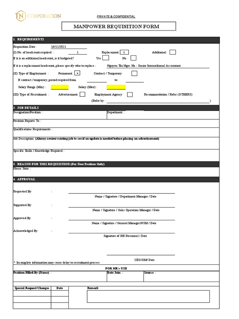 Manpower Requisition Form: 1. Requirements 2. Job Details | PDF ...
