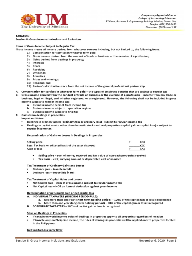 Session 8 - Gross Income - Inclusions and Exclusions | PDF | Gross ...