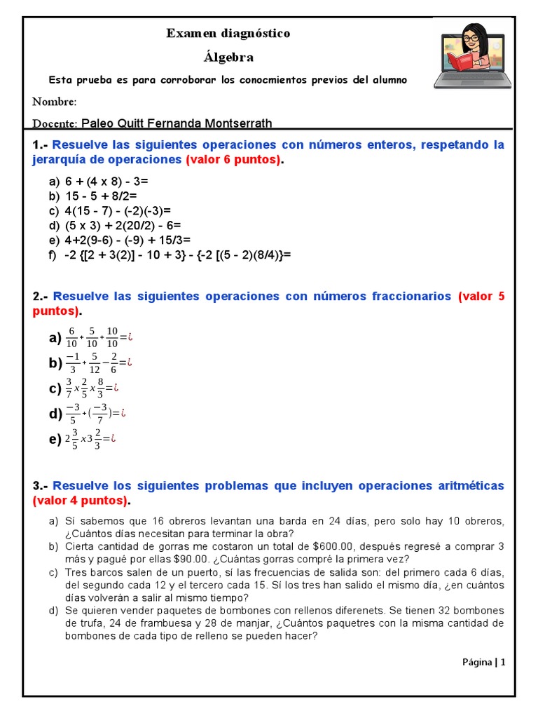 Examen Diagnóstico de Álgebra Básica | PDF