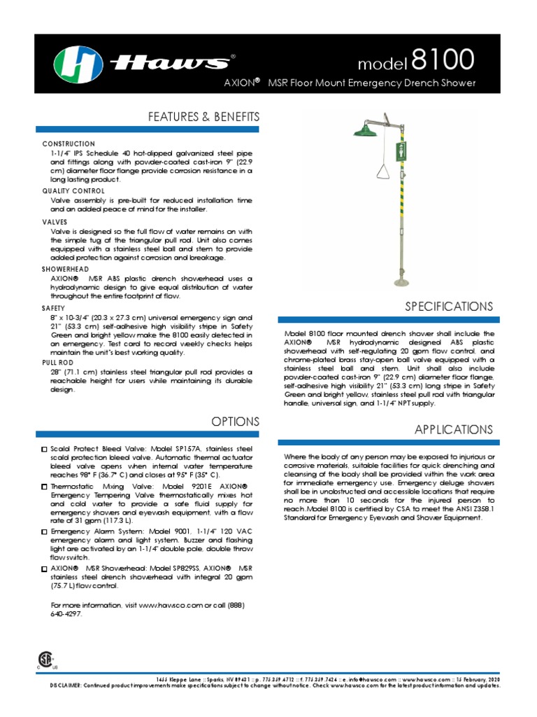 Haws Model 8100 Specsheet PDF | PDF | Valve | Shower