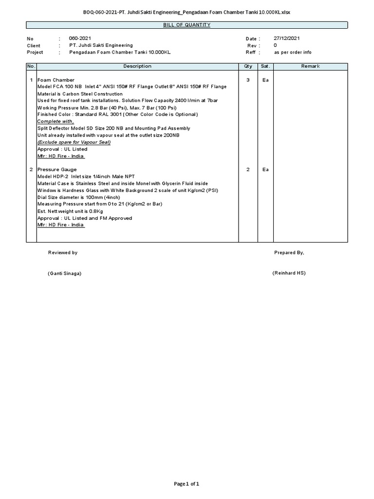 BOQ-060-2021-PT. Juhdi Sakti Engineering - Pengadaan Foam Chamber Tanki 10.000KL | PDF