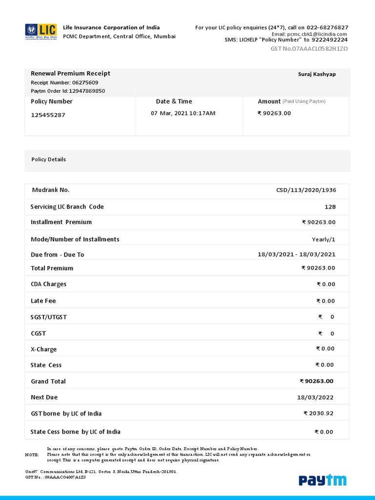 Renewal Premium Receipt: Policy Number Date & Time Amount | PDF ...