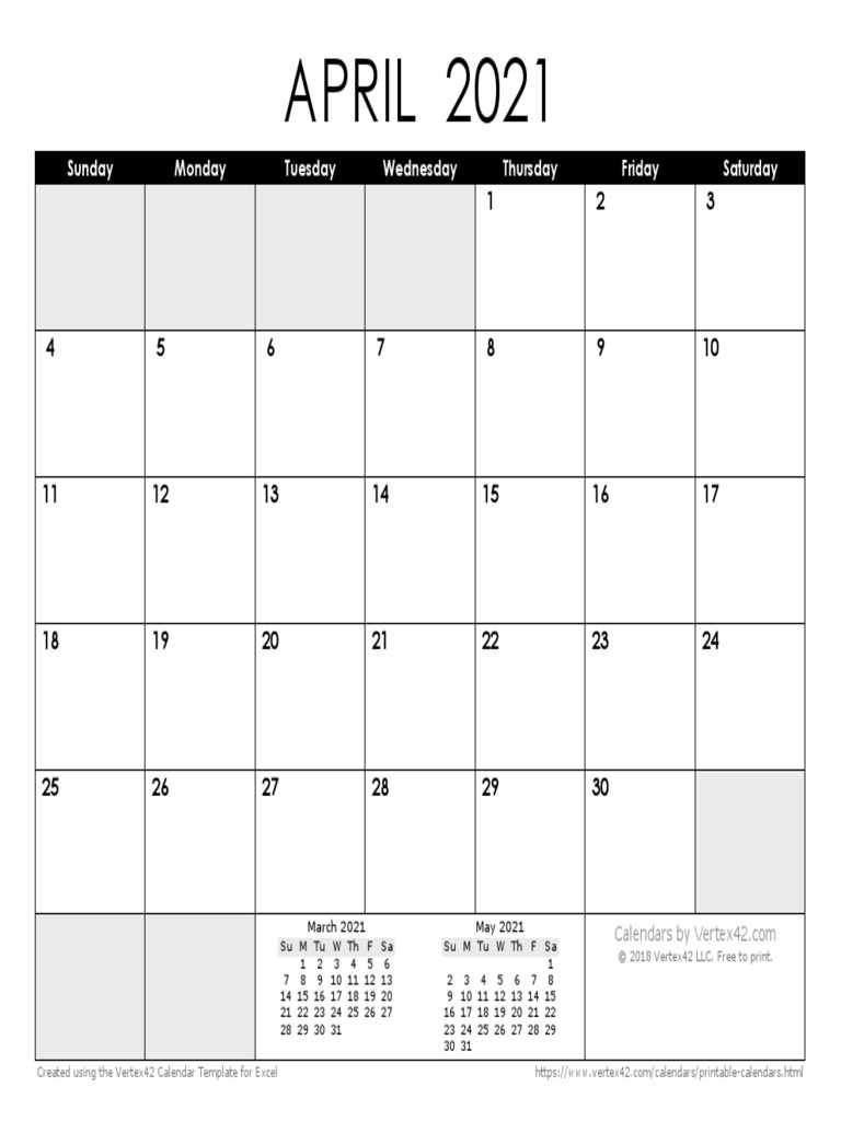 April 2021 Calendar | PDF