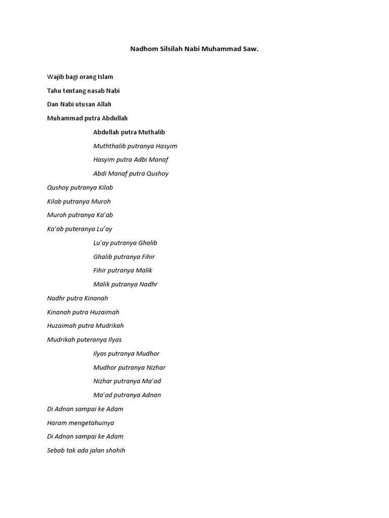 Nadhom Silsilah Nabi Muhammad Saw | PDF