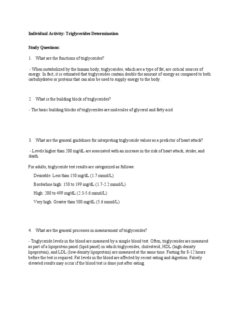 Individual Activity: Triglycerides Determination Study Questions | PDF