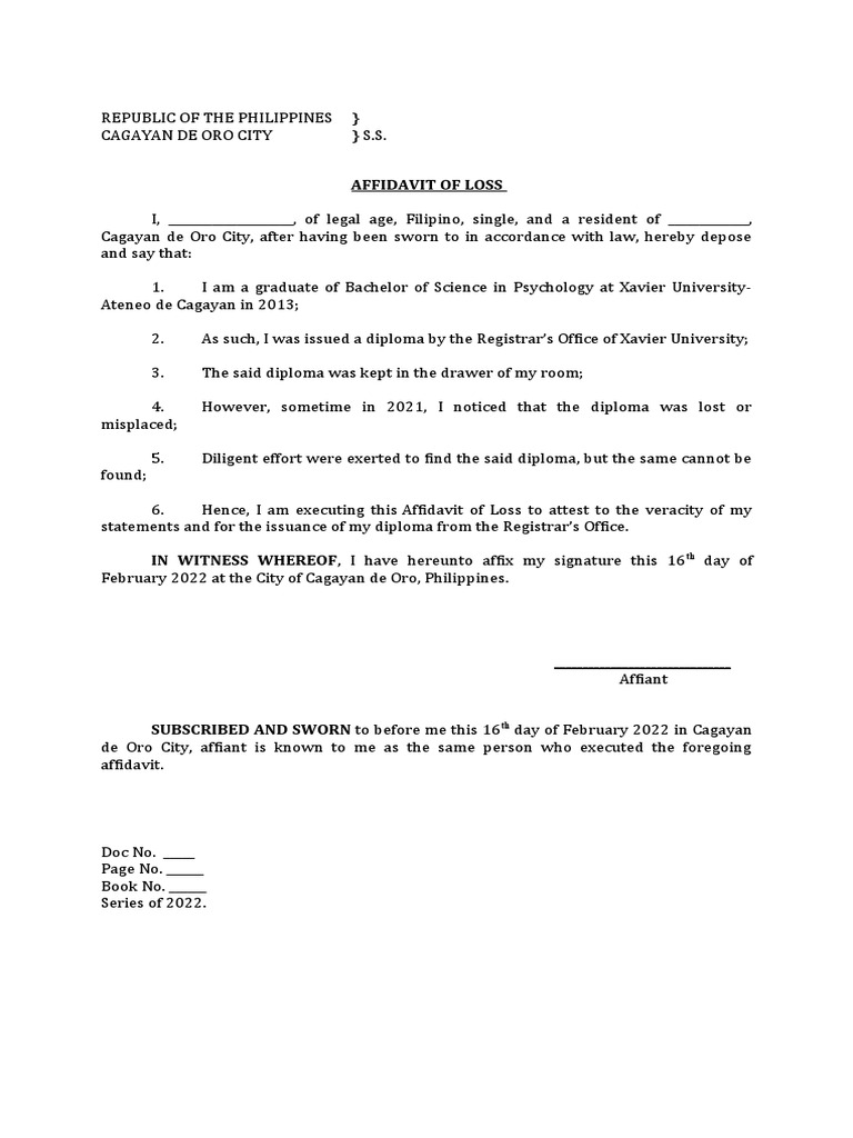 Affidavit of Loss - Diploma | PDF