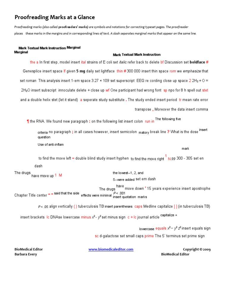 Proofreading Marks at A Glance: The A Ital BF # LF Thin # Rom 2 WF SP ...