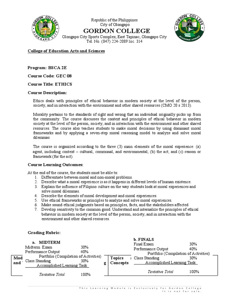 LEARNING-MODULE (Ethics-GEC 08, AY 2020-2021) | PDF | Morality | Applied Ethics