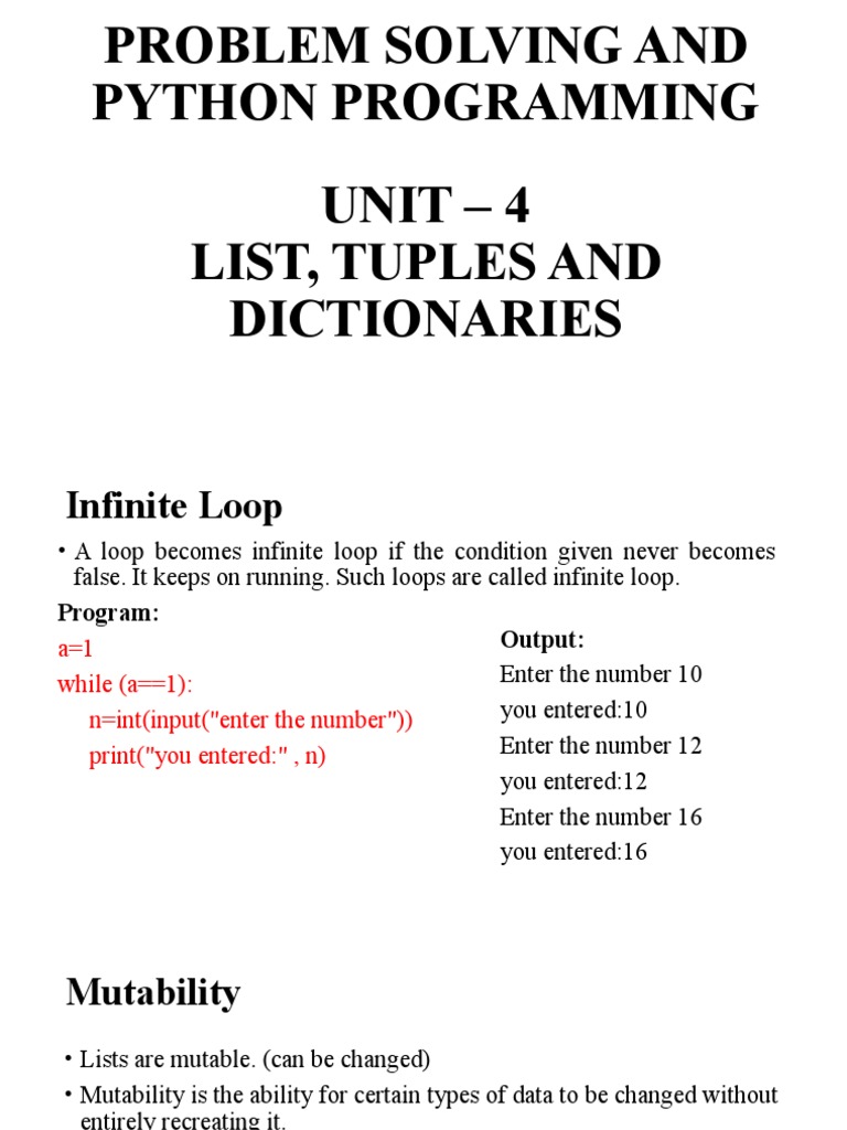Unit - 4 List, Tuples and Dictionaries | PDF | Parameter (Computer Programming) | Control Flow