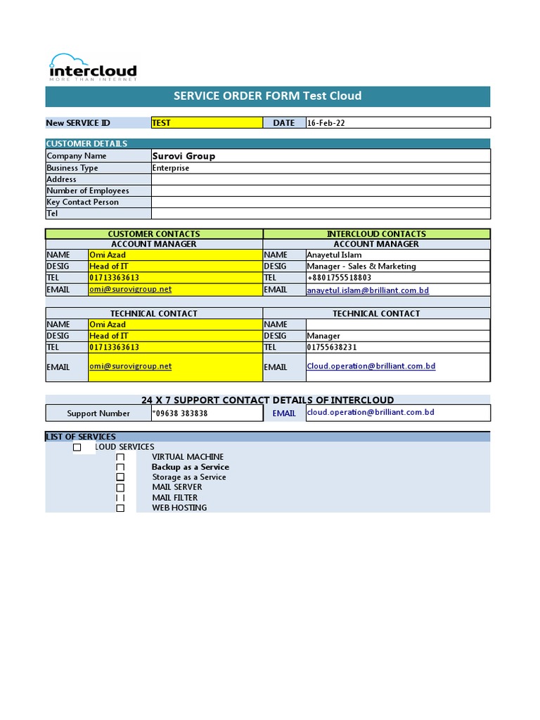 Service Order Form Documenting a Trial Backup as a Service Agreement Between Intercloud and ...