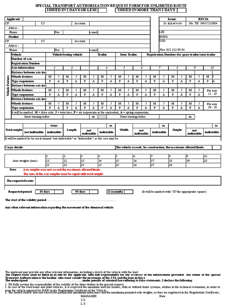 Special Transport Authorization Request Form For Unlimited Route 2021 ...