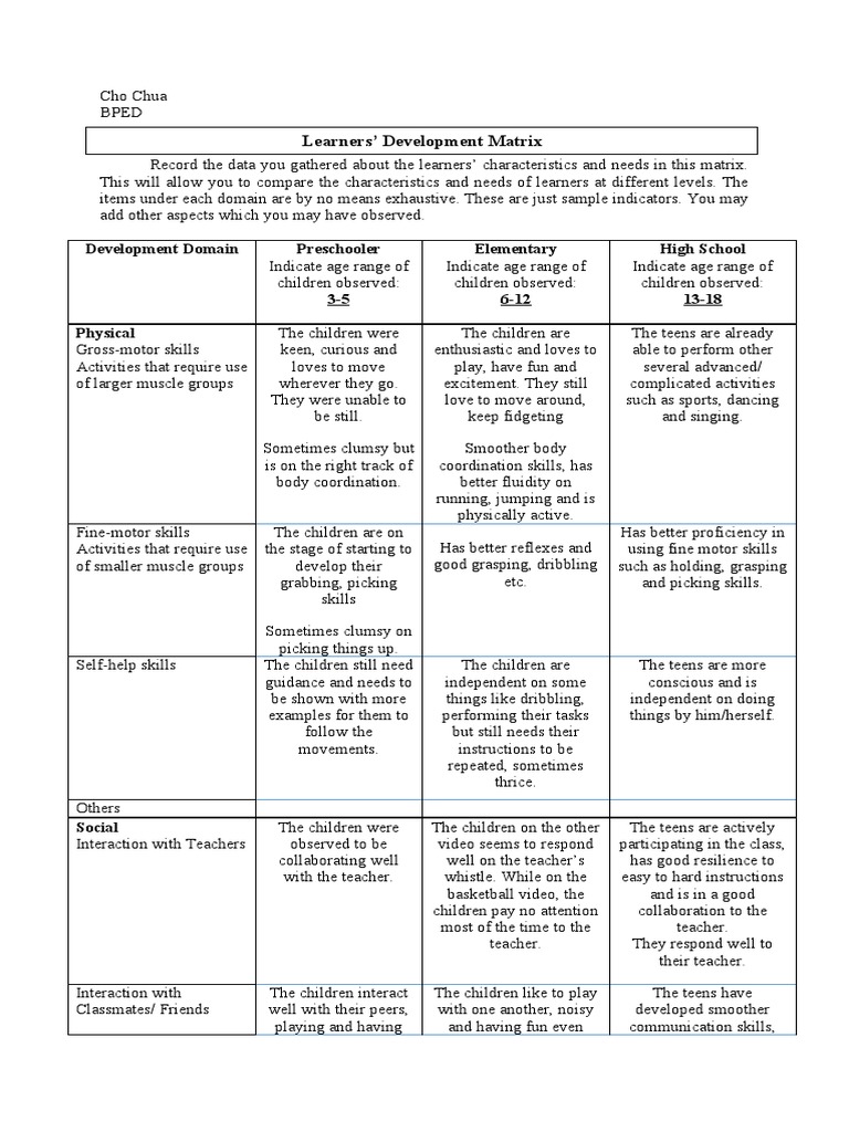 Learners' Development Matrix: Development Domain Preschooler 3-5 ...
