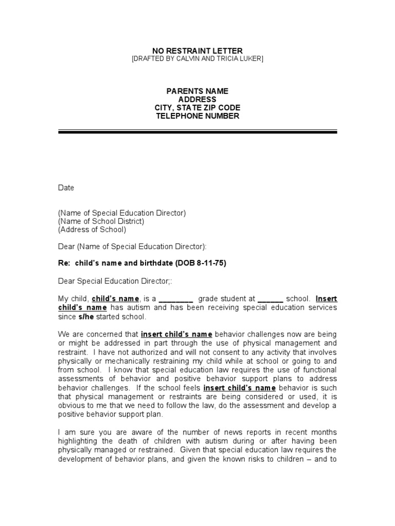 No Restraint Letter | Special Education | Applied Psychology