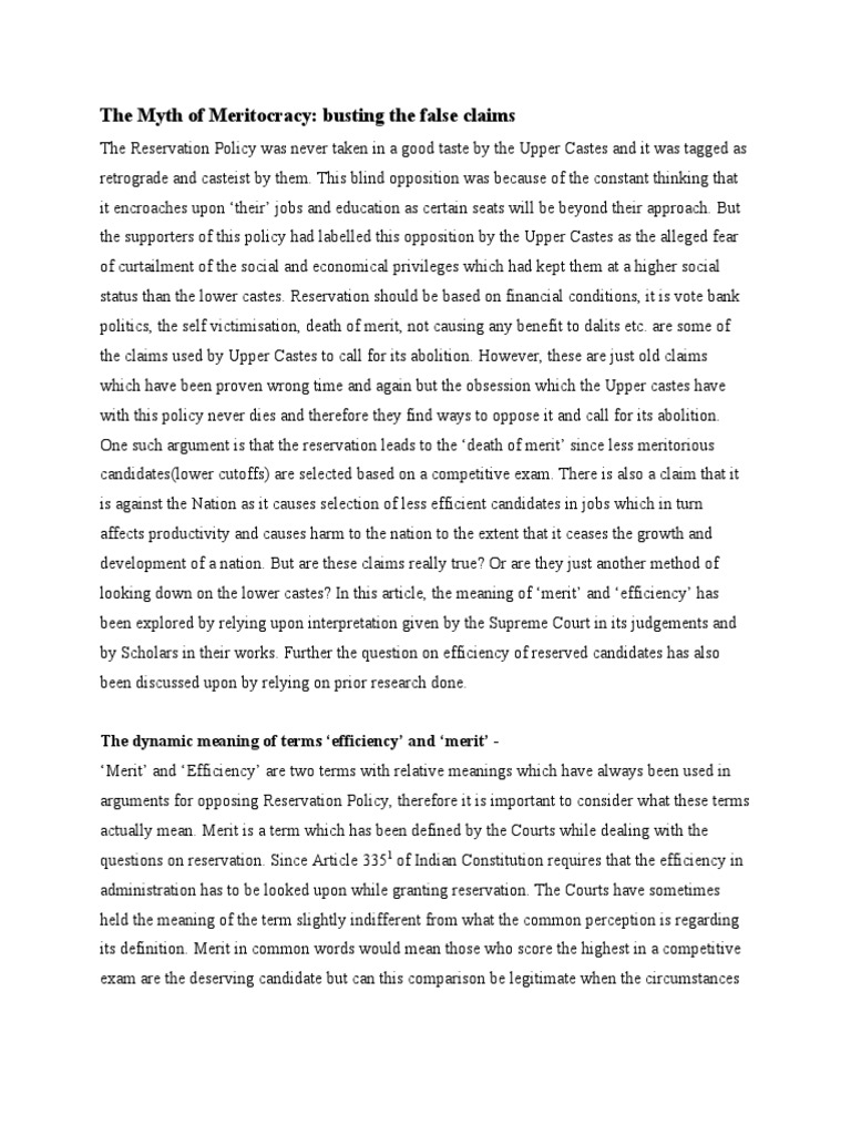 The Myth of Meritocracy - Busting The False Claims | PDF | Dalit | Social Inequality