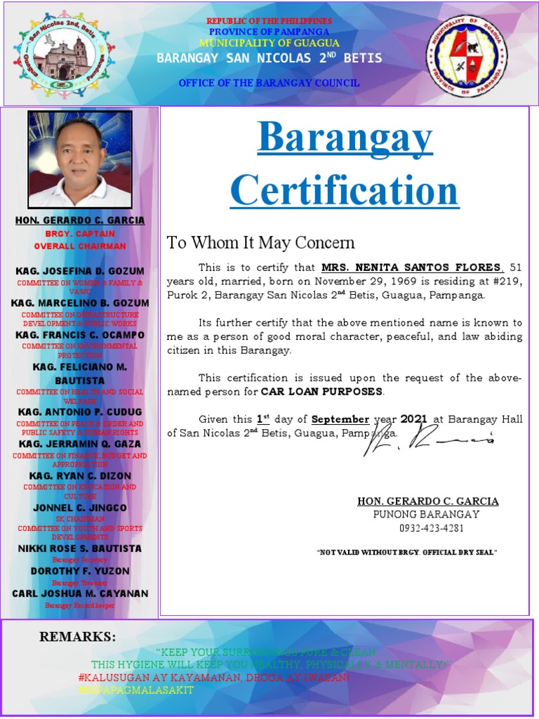 Barangay Certification: To Whom It May Concern | PDF