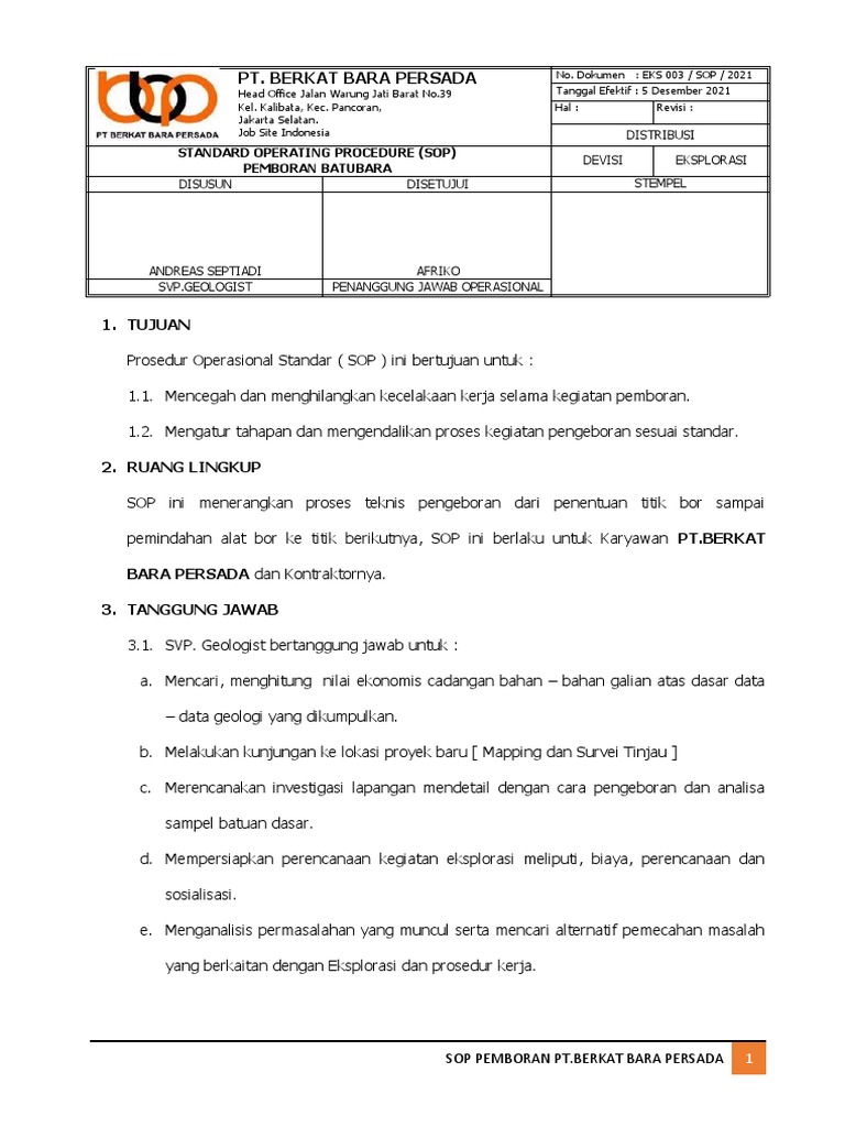 SOP Pemboran Batubara | PDF