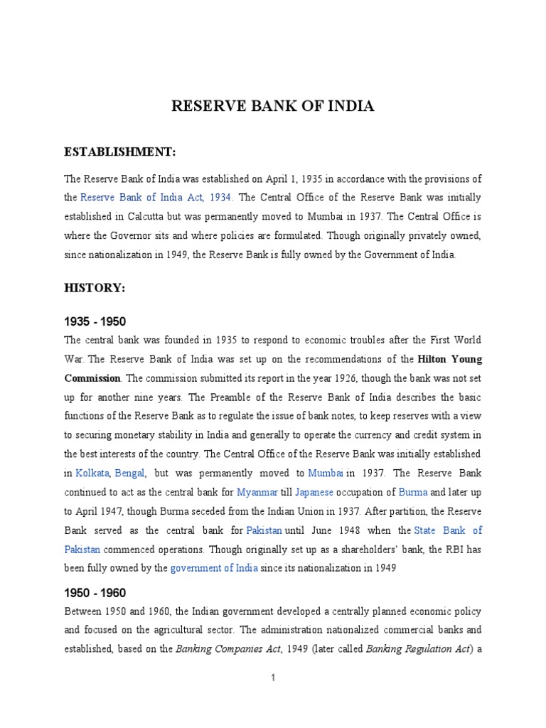 Reserve Bank of India: Establishment | PDF | Reserve Bank Of India ...