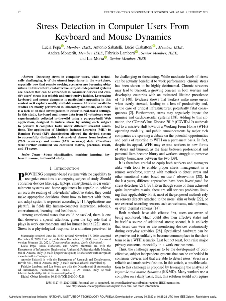 Stress Detection in Computer Users From Keyboard and Mouse Dynamics | PDF | Statistical ...