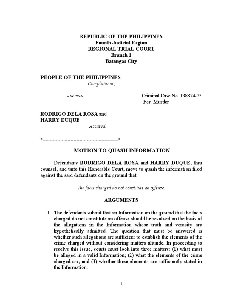 Sample Motion To Quash Information PDF | PDF | Crimes | Crime & Violence