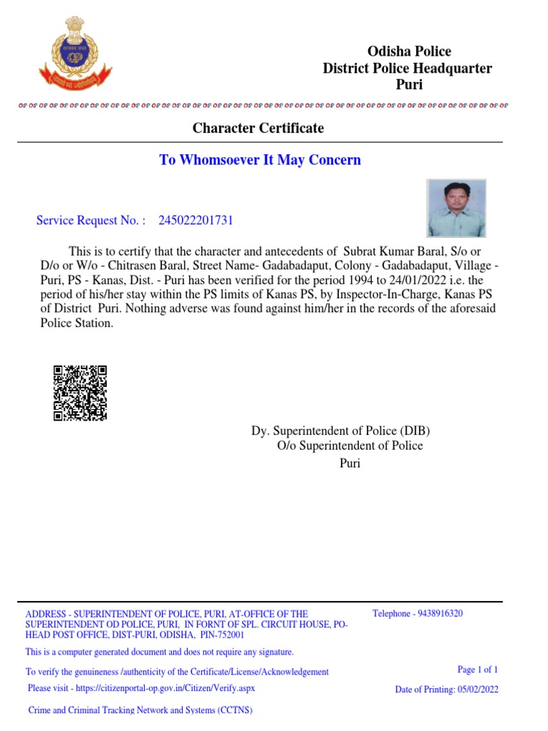 Odisha Police Character Certificate Pdf