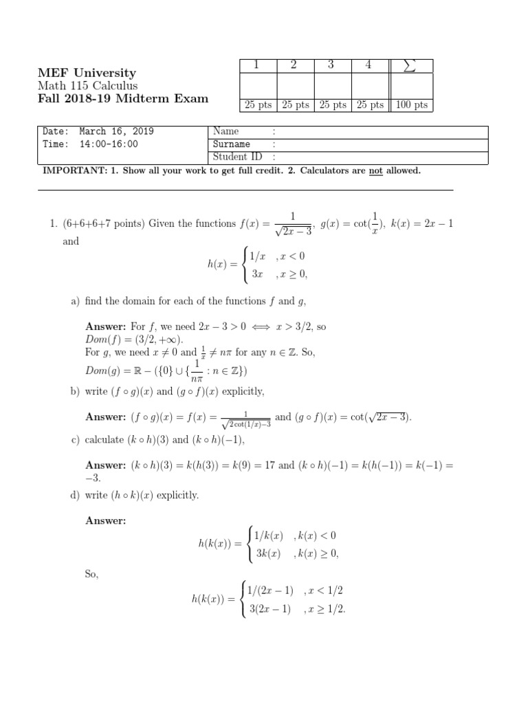 MEF University Math 115 Calculus Fall 2018-19 Midterm Exam 1 2 3 4 P | Download Free PDF ...