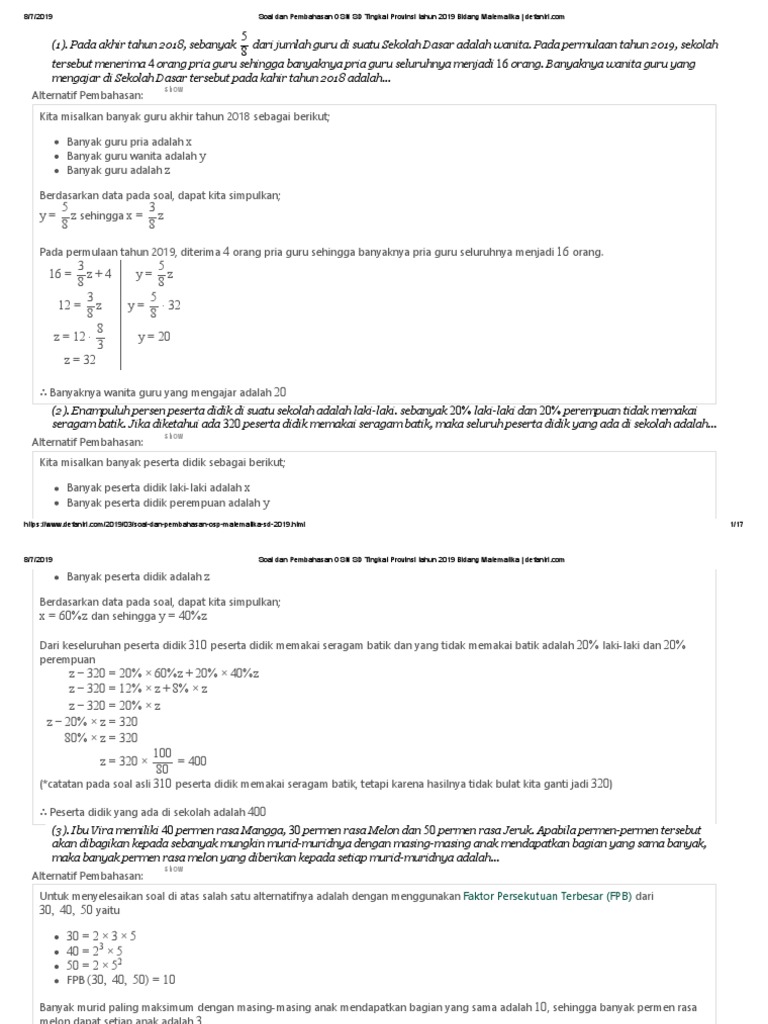 (WWW - Semangat27.com) Soal Dan Pembahasan OSN SD Tingkat Provinsi Tahun 2019 Bidang Matematika ...