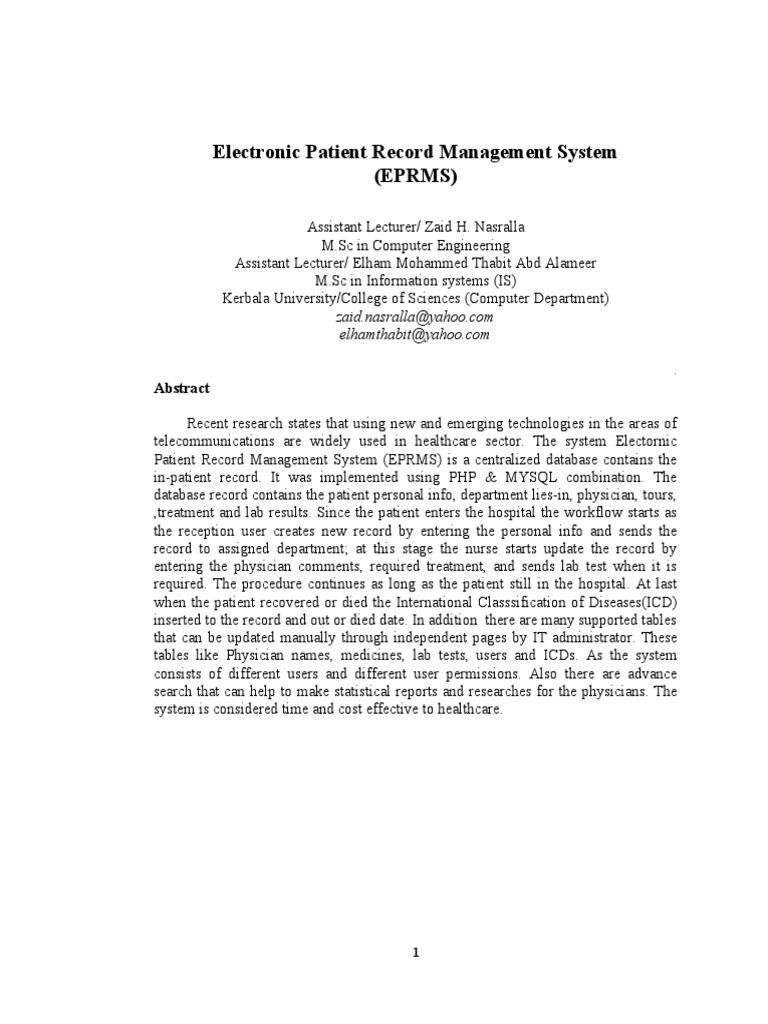 Electronic Patient Record Management System (Eprms) | PDF | Databases ...