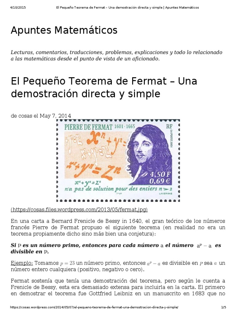 El Pequeno Teorema de Fermat Una Demostr | PDF | Número primo | El último teorema de Fermat