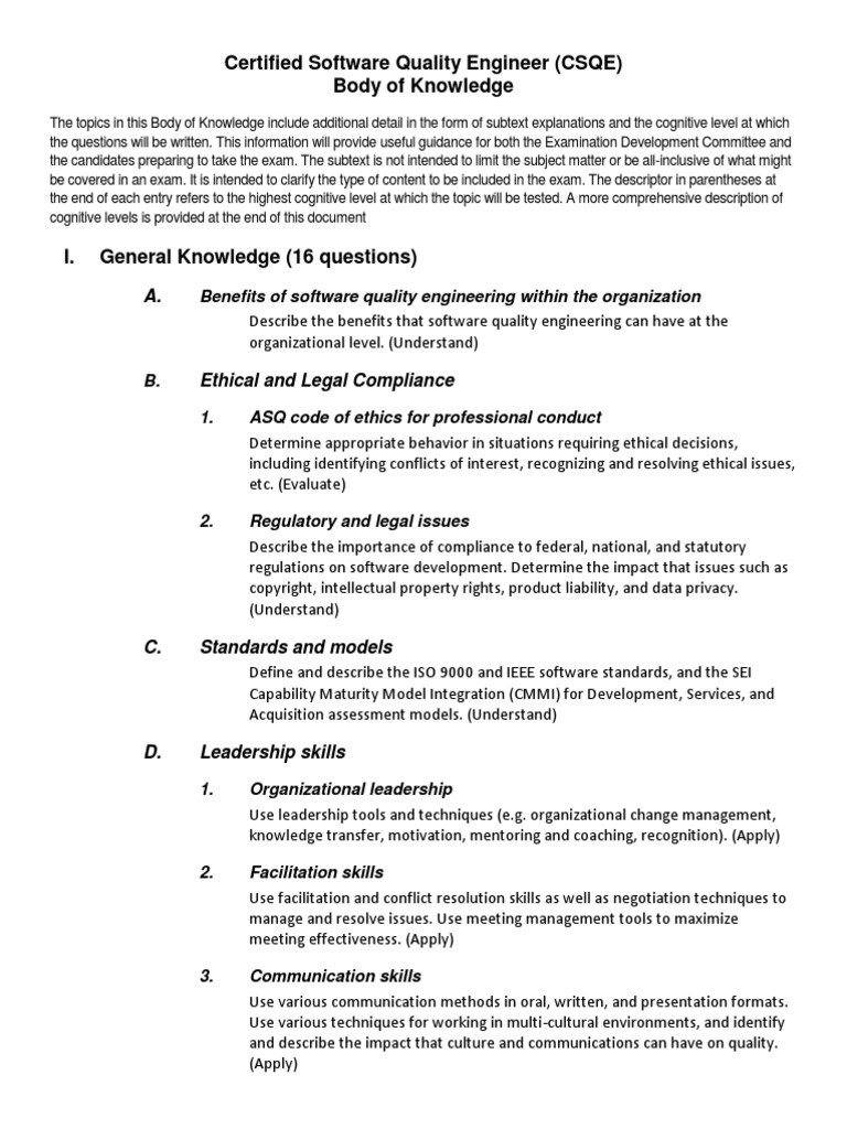 Certified Software Quality Engineer (CSQE) Body of Knowledge | PDF ... Certified Software Quality Engineer (CSQE) Body of Knowledge | PDF ...
