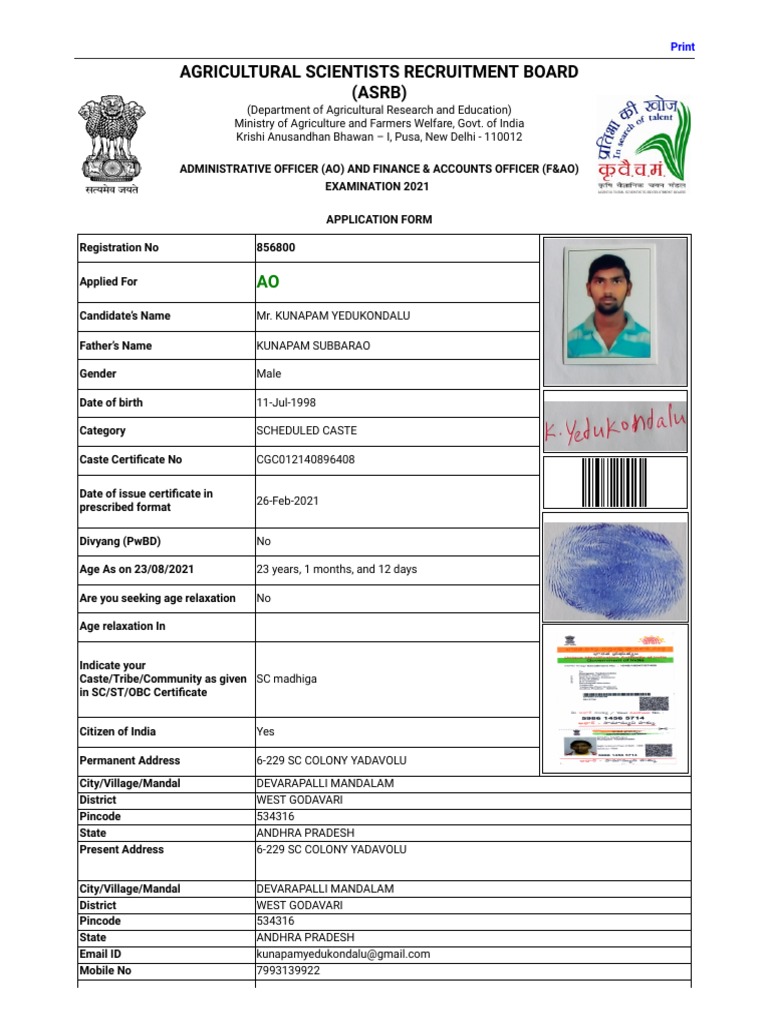 Agricultural Scientists Recruitment Board (ASRB) : Print | PDF