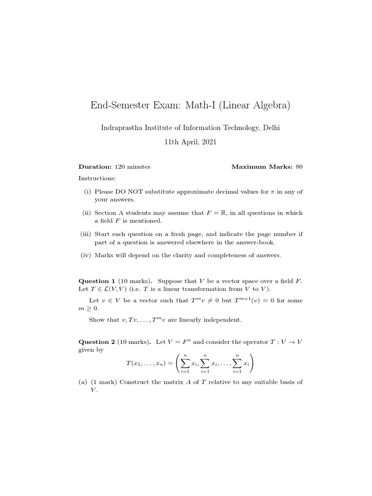 Linear Algebra Endsem 2 | PDF | Linear Subspace | Matrix (Mathematics)
