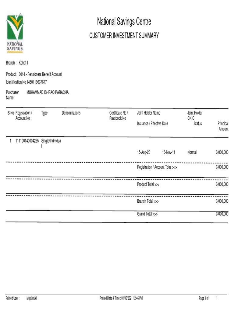 National Savings Centre: Customer Investment Summary | PDF