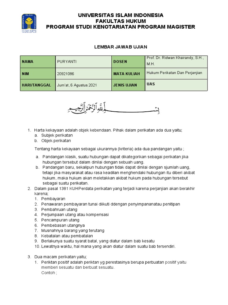 UAS Hukum Perikatan dan Perjanjian | PDF | Hukum