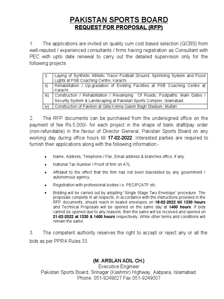 RFP for Sports Facility Projects in Pakistan | PDF | Pakistan | Request ...