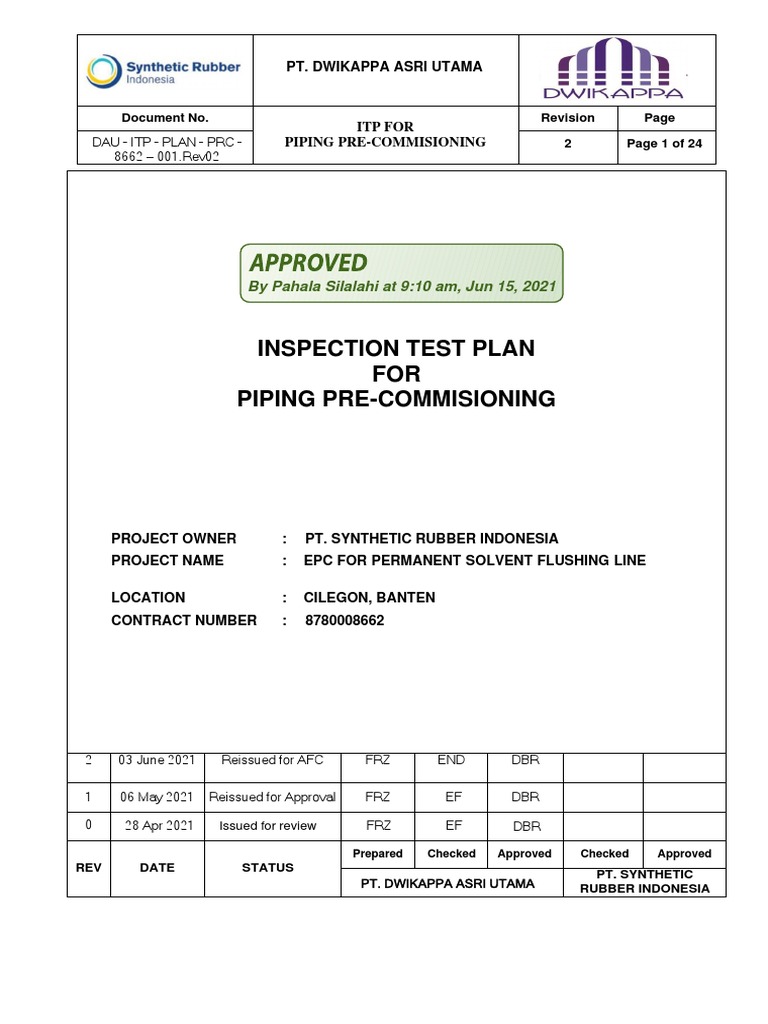 ITP Plan For Piping Pre-Commisioning - Rev2 | PDF | Pipe (Fluid ...
