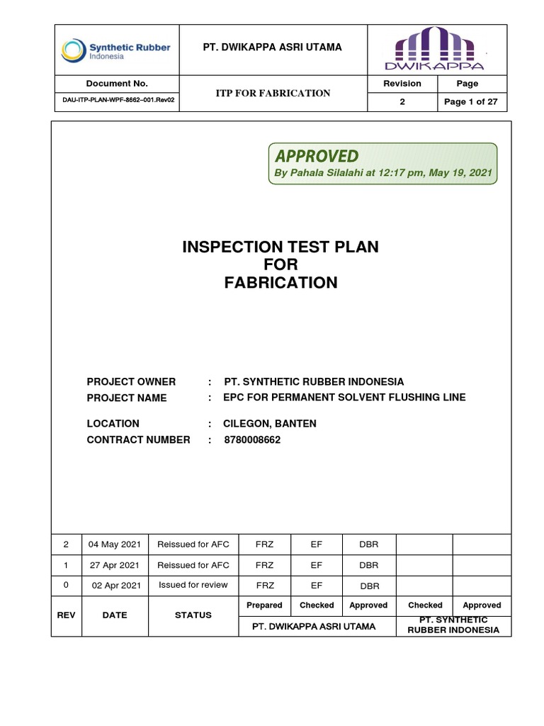 Inspection Test Plan FOR Fabrication: Pt. Dwikappa Asri Utama | PDF ...