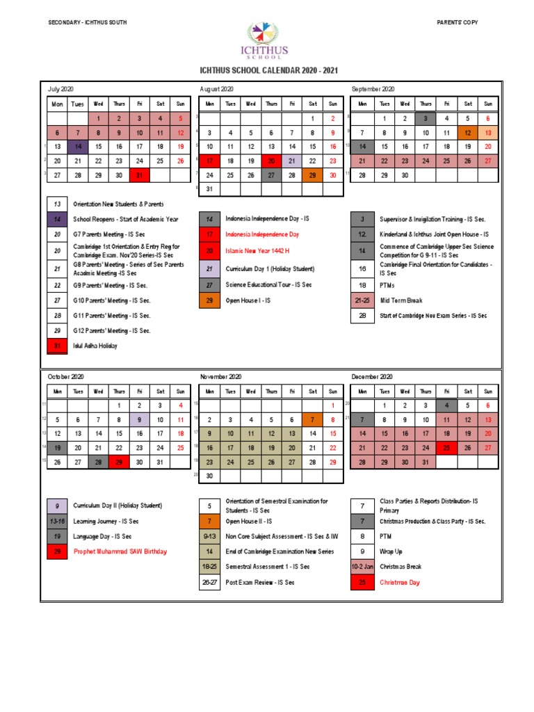 2020-2021 School Calendar Secondary - Parents' | PDF | Schools ...