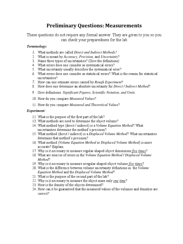 Preliminary Questions: Measurements | PDF